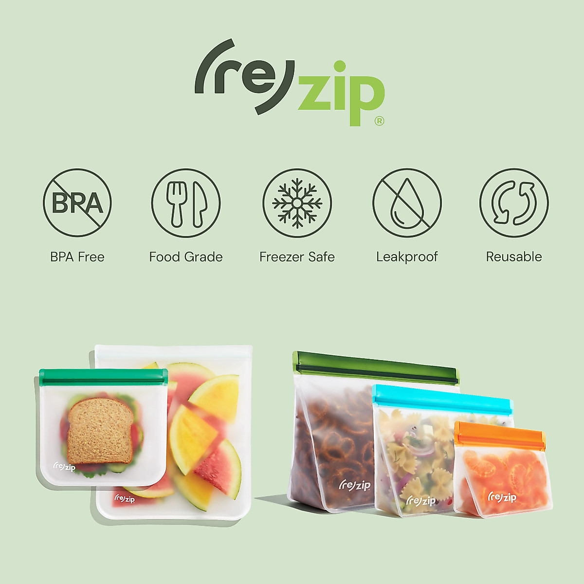 rezip 5-Piece Stand-Up Reusable BPA-Free Food Grade Storage Bag Pack n' Go Kit, Leakproof, Freezer Safe, Dishwasher Safe, Travel Friendly, (1) Quart (4-Cup/32-Ounce), (2) 2-Cup (16-Ounce), (2) Snack (1-Cup/8-Ounce), (Multicolor)