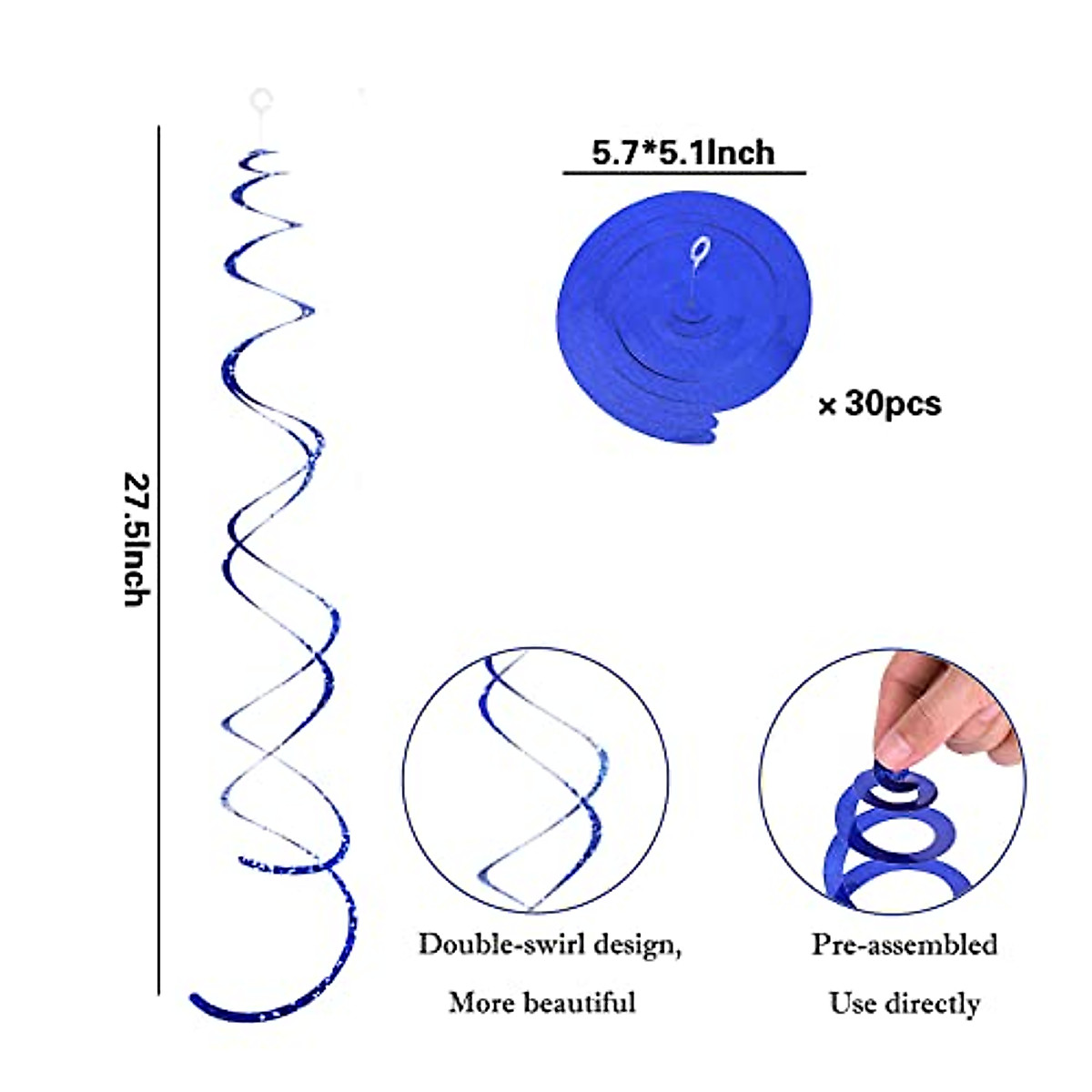 30 Pieces Blue Foil Ceiling Hanging Party Swirl Decorations Plastic Streamers Photo Backdrop for Birthday Graduation Wedding Baby Shower Wedding Bachelorette Galaxy Theme Party Decorations