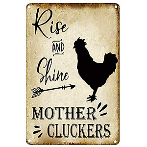 FSTIKO Rise And Shine Mother Cluckers Black Chicken Retro Vintage Metal Tin Signs Farm Decorative Country Home Decor Signs Gift 8X12Inch
