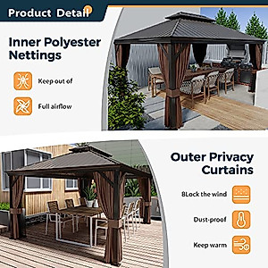 HAPPATIO 12' x 16' Hardtop Gazebo, Galvanized Steel Patio Double Roof Aluminum Gazebo with Curtains and Netting, Metal Permanent Pavilion Outdoor Gazebos for Patios, Gardens (Brown)