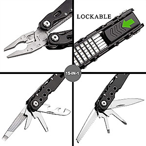 Multitool Knife for Men, Pliers Tools 15 in 1 Multi Tool with Safety Lock Screwdrivers Saw Bottle Opener Durable Sheath Perfect for Camping Survival Hiking