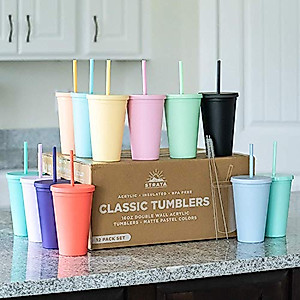 Tumblers with Lids (12 pack) 16oz Colored Acrylic Cups with Lids and Straws | Double Wall Matte Plastic Bulk Tumblers With FREE Straw Cleaner! Vinyl Customizable DIY Gifts (Assorted)