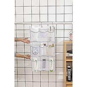 ALYER 9 Pockets Big Mesh Shower Caddy Hanging Bathroom Storage Organizer with 3 Rings (Stripe)