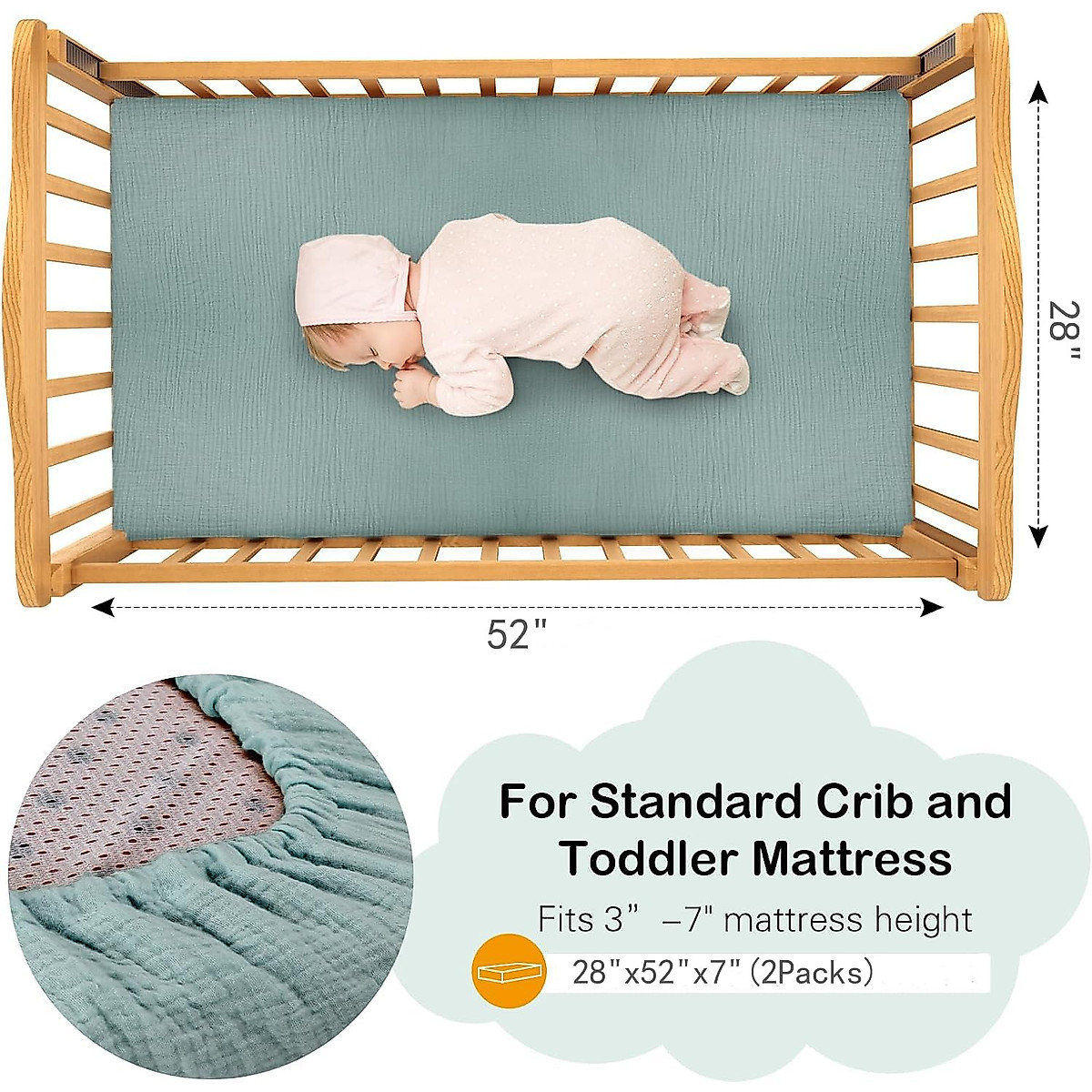 Muslin Crib Sheets for Baby Boys Girls,Cotton Neutral Crib Sheets, Soft and Breathable Toddler Bed Sheets, Fitted Standard Crib Mattress | 28"x 52", 2 Pack(Green&Beige)