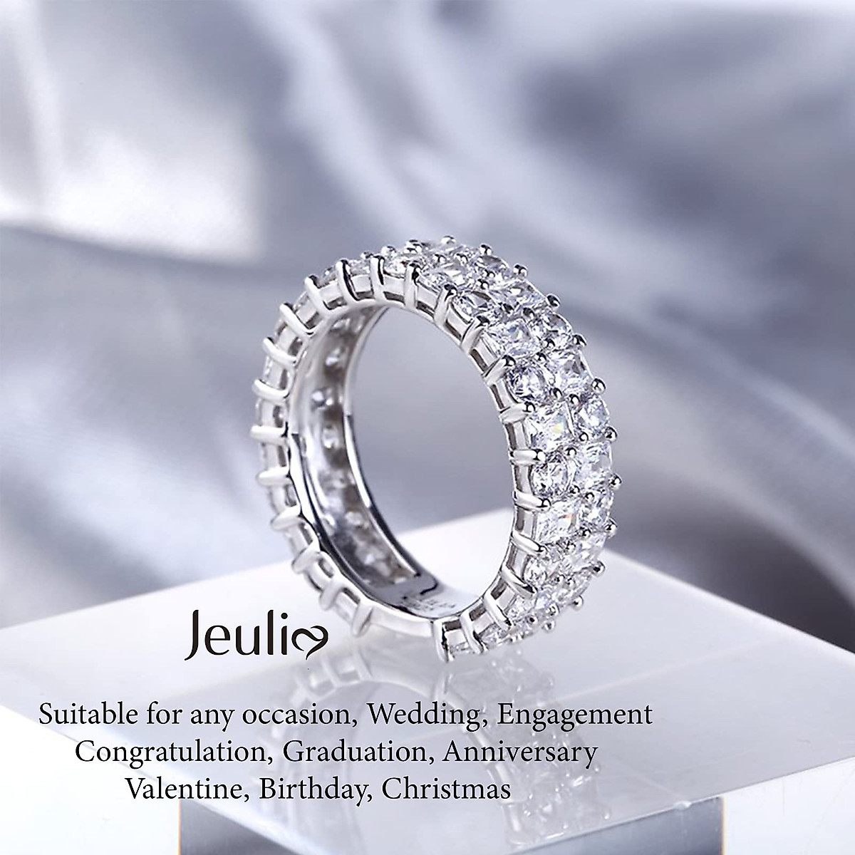 Jeulia Round Cut Sterling Silver Eternity Ring for Women All-Around Band Stacking Ring Set Diamond Engagement Wedding Band Ring with Jewelry Gift Box (White, 7)