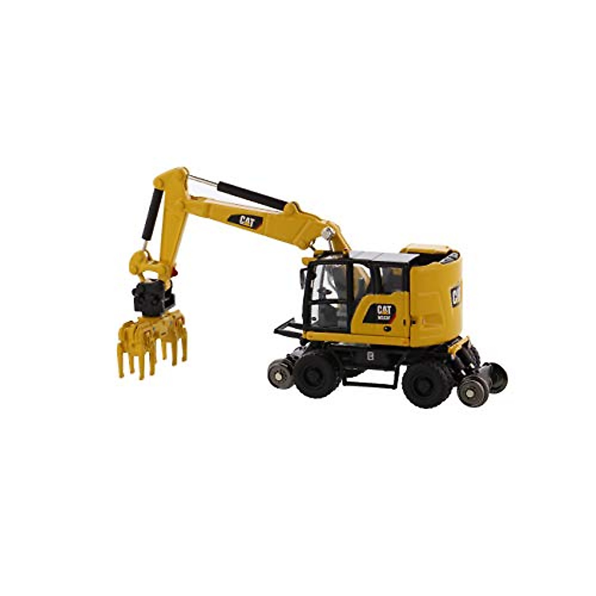 1:87 Caterpillar M323F Railroad Wheeled Excavator, Safety Yellow Color – HO Series by Diecast Masters – 85612 (Comes with 3 Interchangeable Work tools: Ballast Tamper, Rail Clamshell, and Bucket