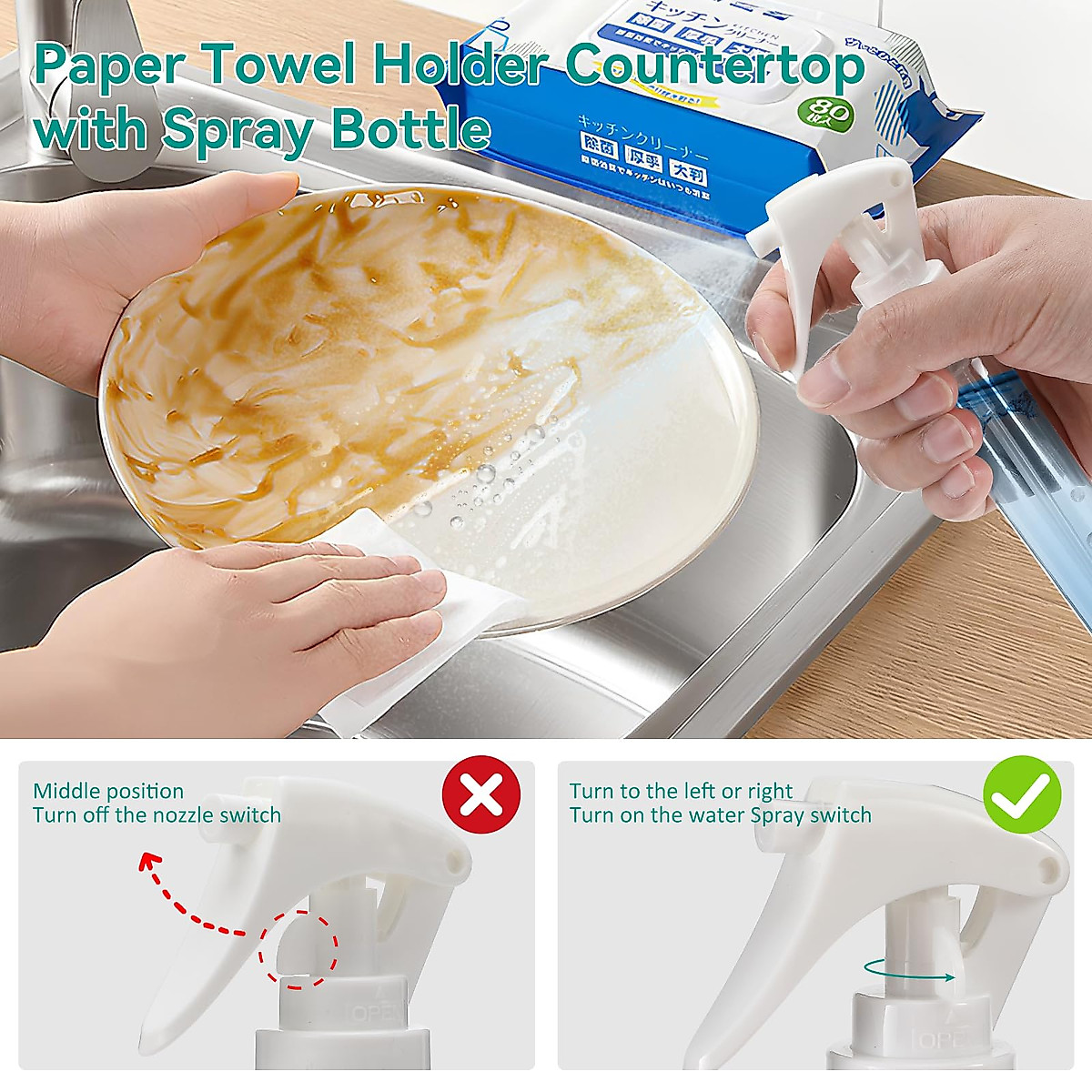 Ceuku Paper Towel Holder Countertop with Spray Bottle Paper Towel Stand with Weighted Base for Kitchen Bathroom, One-Handed Tear Stainless Steel Paper Towel Holder