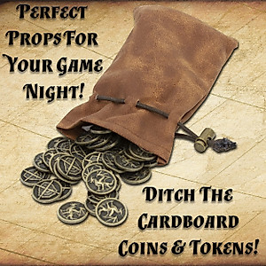 CASEMATIX Metal Coins and Pouch for Tabletop RPG Board Games - 100 DND Coins Fantasy Coins with Dragons & Sword and Shield Engraving, Metal Tokens for Board Games with PU Leather Bag