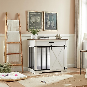 EDYO LIVING 38" Large Dog Crate Furniture with Sliding Barn Door, Wooden Dog Kennel with Drawer for Storage, Water Resistant Indoor Furniture Style Dog Crate for Small/Medium/Large Dog, White