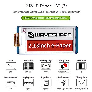 waveshare 2.13inch E-Ink Display HAT Compatible with Compatible with Raspberry Pi 5/4B/3B/Zero/Zero W/Zero 2W/Pico/Pico W/Pico WH, 212x104 Resolution Three-Color SPI Interface