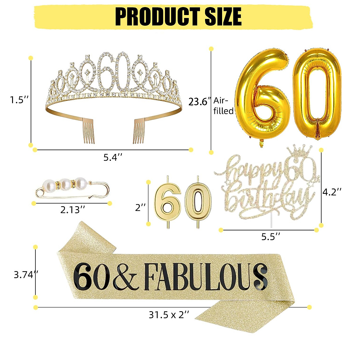 AgQrDkrc 60th Birthday Decorations for Women - Gold, Includes Crown, Sash, Cake Topper, Number Candles & Balloons