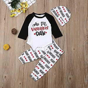 FIOMVA Newborn Infant Baby Boy Girl 1st Valentine's Day Clothes Letter Bodysuit Romper Pants Trousers Hat Set