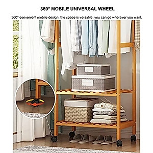 YXDFG Bamboo Clothing Rack, with Top Shelf and Shoe Clothing Storage Organizer Shelves,with Shelves Heavy Duty Rolling Clothes Coat Rack,for Hanging Clothes,Wood,100×35×165cm