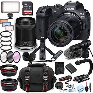 Canon EOS R7 Mirrorless Camera with 18-150mm Lens Content Creator Kit+ 64GB Memory + Case + LED Video Light + Stabilizing Grip +Filters & More (38pc Bundle)