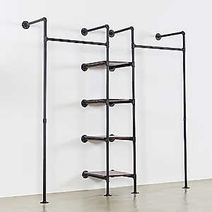 EDCB Wall Mounted Industrial Pipe Heavy Duty Clothes Rack, Clothing Rods for Hanging Clothes, Freestanding Clothing Rack with 2 Hang Rods & 4 Shelves, 72.8" W x 17.7" D x 71" H