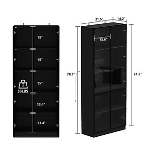 Homsee Bookcase Bookshelf with 5-Tier Shelves, 4 Glass Doors and LED Lights, Wooden Display Storage Cabinet for Home Office, Living Room, Black (31.5”W x 14.2”D x 78.7”H)