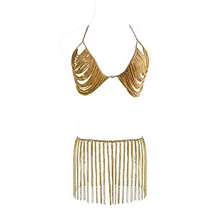 Sinkcangwu Womens Body Chain Suit Boho Rhinestone Bra Waist Belly Chain with Tassel Indian Dancing Skirt Dress for Party Halloween Costume Beach Bikini (Gold Metal)