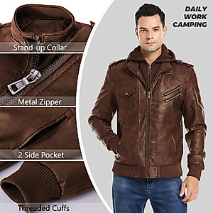 JYG Men's Faux Leather Jacket Stand Collar Motorcycle Bomber Jackets with Removable Hood (Brown,M)