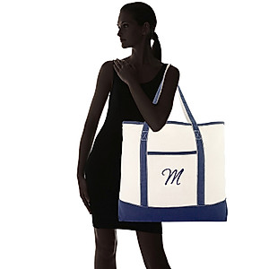 DALIX Personalized Tote Bag For Women Monogram Initial Open Top Navy Blue M