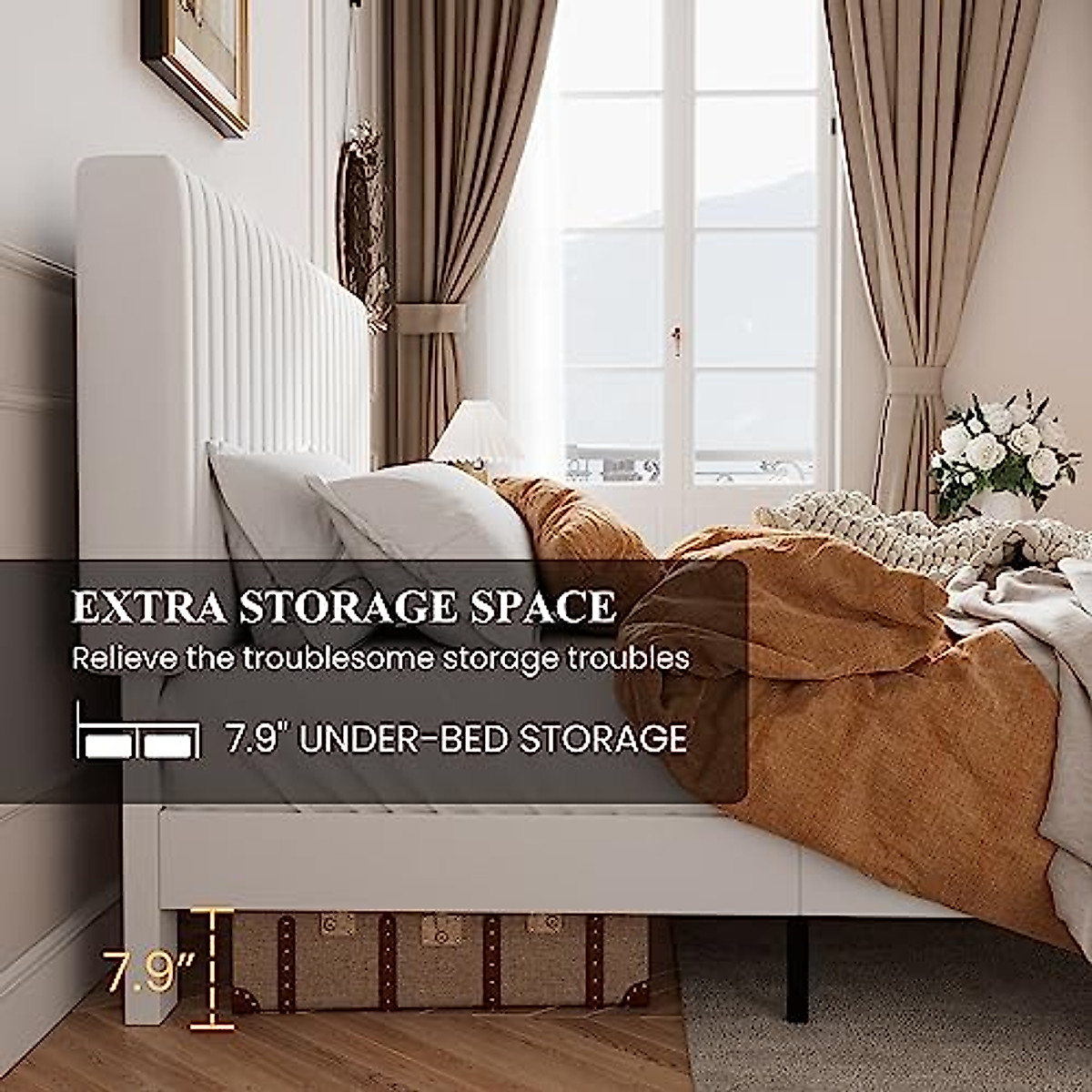 SHA CERLIN Full Size Upholstered Platform Bed Frame with Vertical Channel Tufted Velvet Fabric Adjustable Headboard, Wooden Slats Support, Mattress Foundation, Box Spring Optional, White