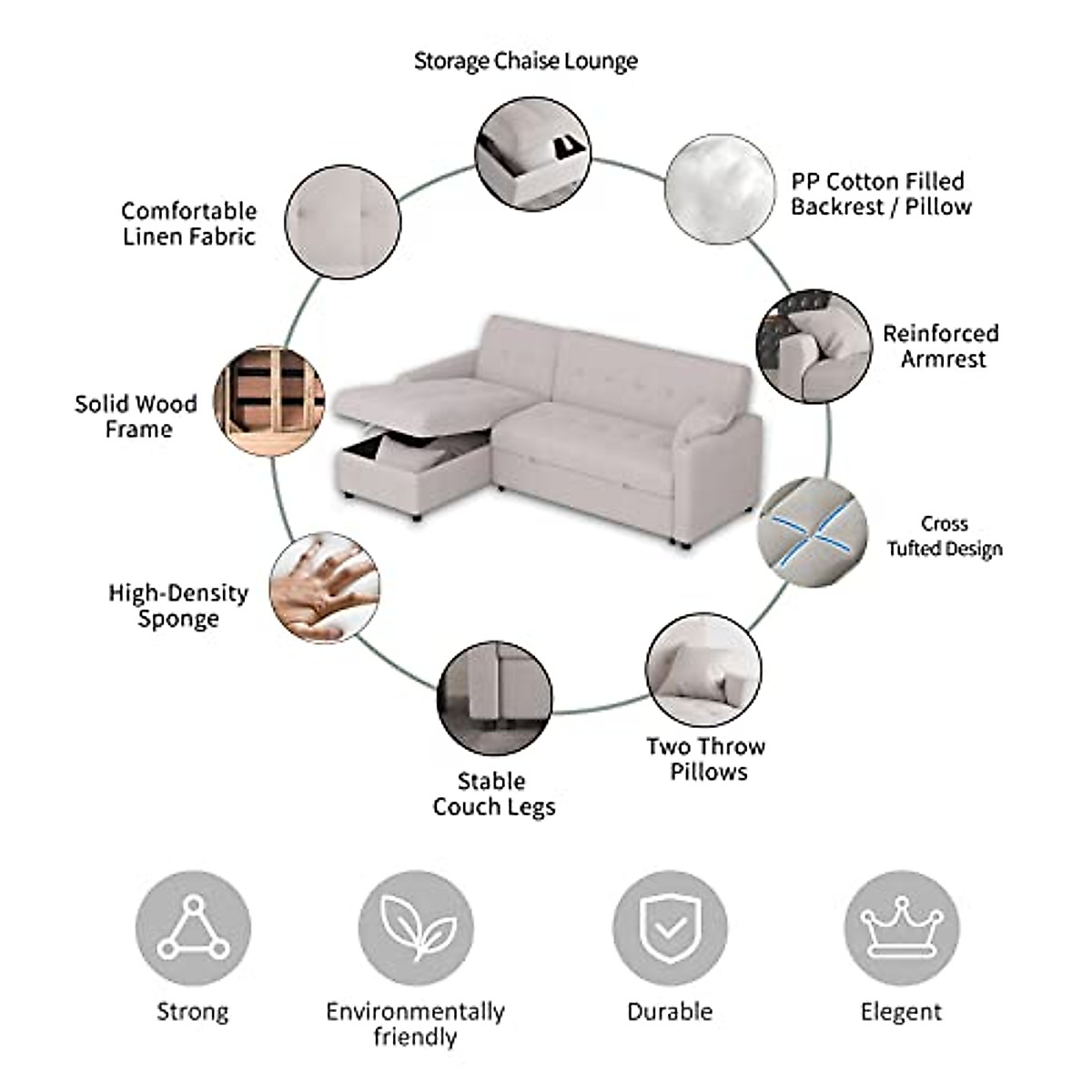 MGH Reversible Sectional Sleeper 82In Wide Couch with Storage, Pull-Out Sofa Bed, L-Shape with Chaise for Living Room Small Apartment (Light Grey), LV7047