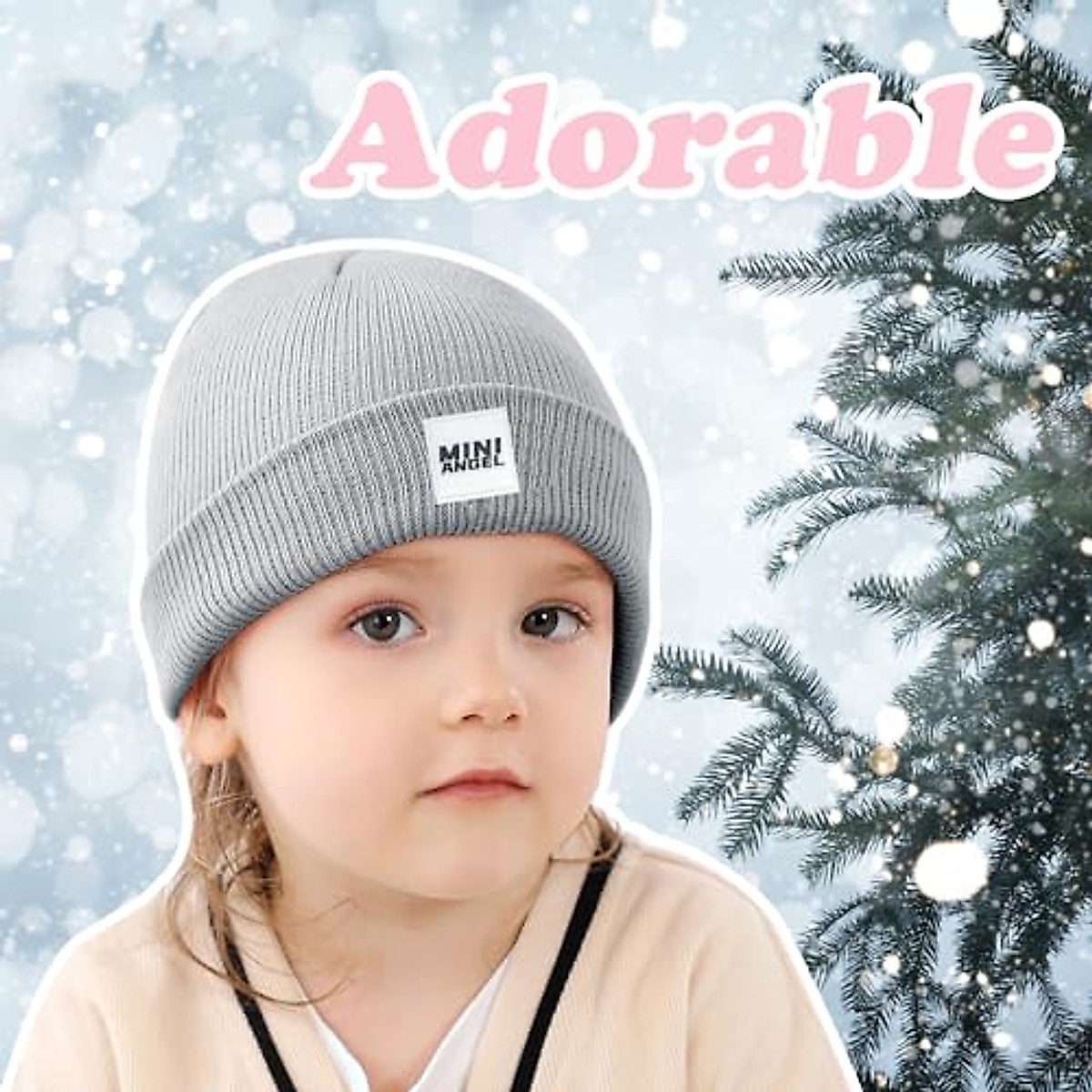 Mini angel Baby Beanie Knit Warm Winter Hat 6-36 Months Cute Beanies Soft Cuffed Hat for Infant Toddler Boys Girls 3 Pack (White+Pink+Grey,S)