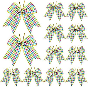 12 Pcs Easter Bows Decorations 6 Inch Easter Tree Bows Easter Wreath Spring Bows Decorative Seasonal Bows Colorful Ribbon Bow Door Wall Decoration for Home Outdoor Topper Holiday Decor (Plaid)