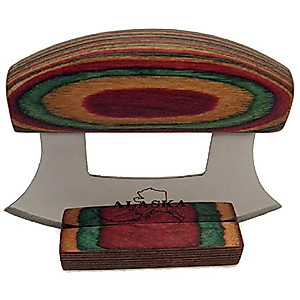 Multi-Colored Exotic Wood Handled Ulu with Stand
