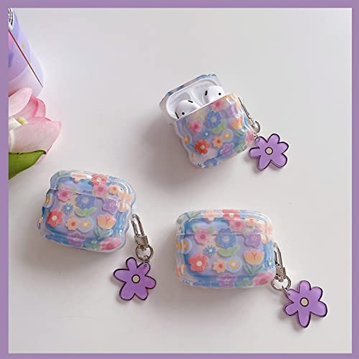 Purple Flower Pattern Cool Shockproof Case for AirPods 3rd Generation 2021 Shock-Absorbing Protective Cover with Pendant Case for Women Girls Men Boy for AirPods 3