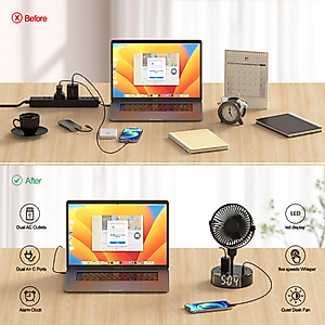 Fereowth Quiet Desk fan,Office Fan with 2 USB Charging Ports，Table Fan with 2 AC Power Outlets ，Bedroom Fan with Timer Alarm.Personal Fan for Home，Strong Wind, Quiet Operation（black gray）