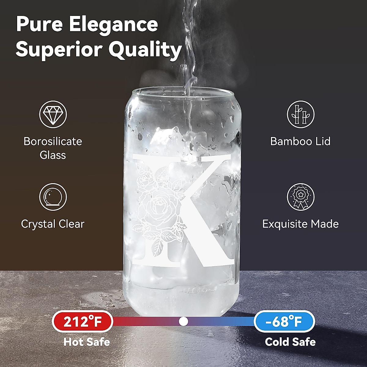 Monogrammed Gifts for Women, Personalized Gifts for Her Mom, Glass Cup with Bamboo Lids and Straws 16 oz, Iced Coffee Cup, Tea Cup, Cute Aesthetics custom Tumbler Cup, Mothers Day, Birthday Gifts - K