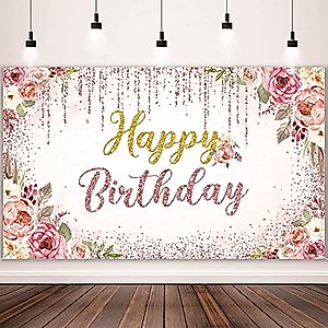 Rose Gold Happy Birthday Backdrop for Girls Women Happy Birthday Party Photography Background Decoration Photoshoot Banner (6.1 x 3.6ft)