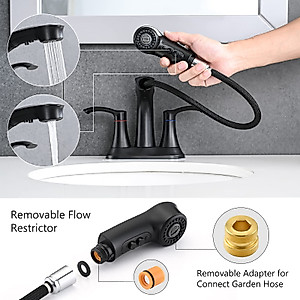 Besfelos Bathroom Faucet with Pull Out Sprayer, 4 Inch Centerset 3 Hole Faucet Utility Sink Faucet, 2 Handle Pull Out Faucet for Bathroom, Utility Sink or Laundry Tub, Matte Black