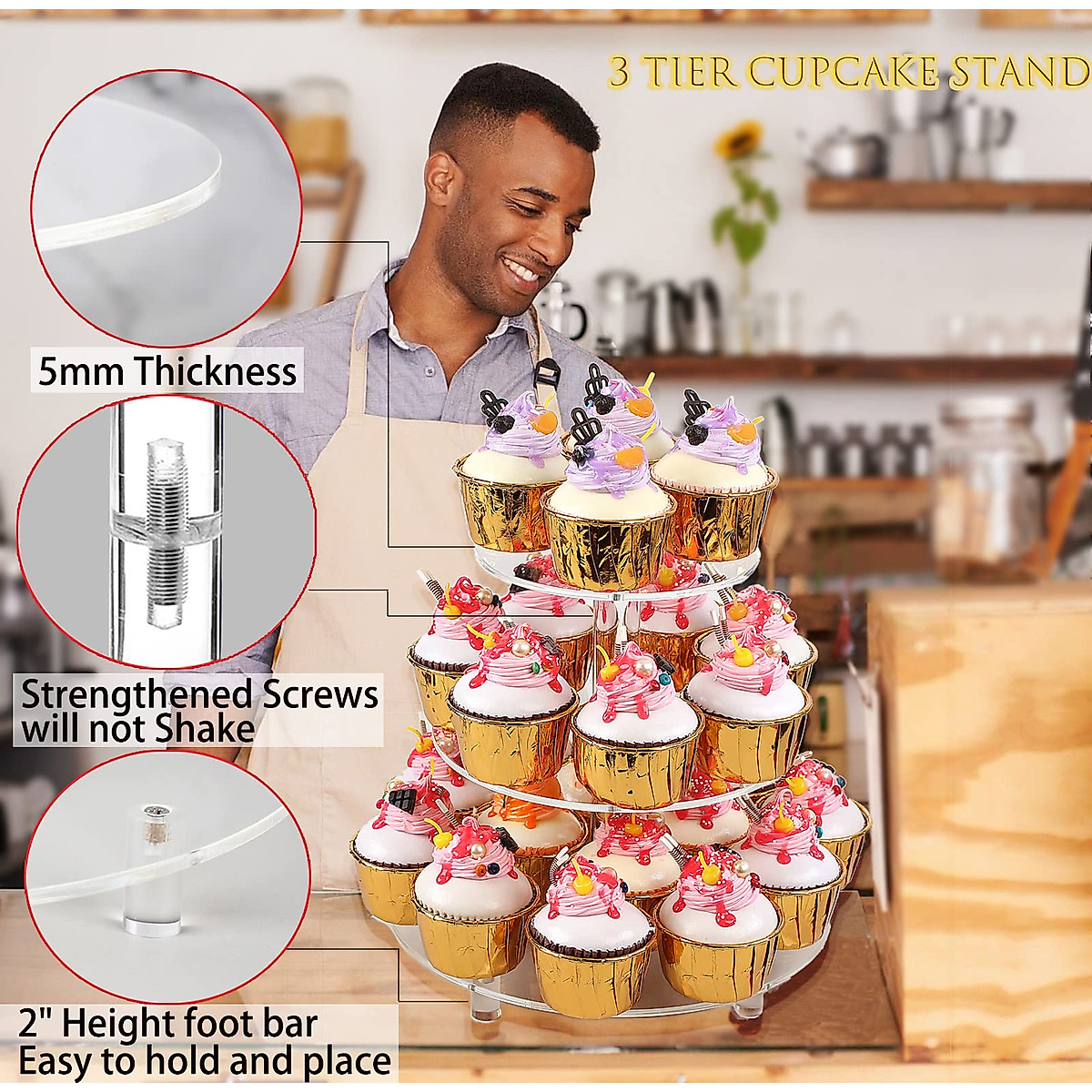 HAOWUJIN Cupcake Stand for 24 Cupcakes, Round Acrylic Cupcake Stand for Wedding Birthday Party Baby Shower Dessert Table for Parties Display, 3 Tier Clear Cupcake Tower Stand…