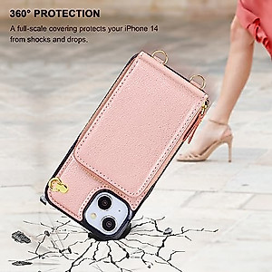 KIHUWEY Crossbody Wallet Case for iPhone 13 iPhone 14, Zipper Pocket Case with Card Holder, PU Leather RFID Protective Cover Case with Kickstand Detachable Wrist Strap Lanyard 6.1" (Rose Gold)