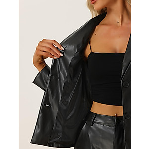 Allegra K Women's Faux Leather Blazer Slim Fit Notched Lapel Single-Breasted Office Jacket Coat Medium Black