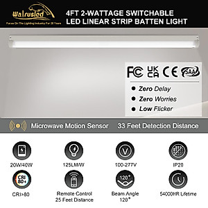4FT Tri-Level Motion Sensor LED Linear Strip Stairwell Light with Remote, 2 Watt Selectable 20W/40W 2500lm/5000lm, 5000K, 100-277V, IP20, Dimmable 4 Foot Commercial LED Shop Ceiling Light Fixture, FCC