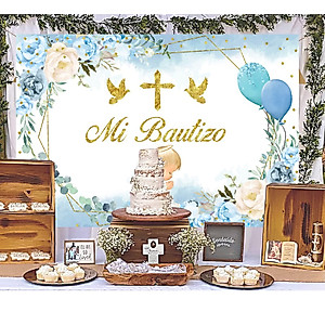 Lexfvpoo Mi Bautizo Baptism Backdrop 7x5ft First Holy Communion Christening Decorations Blue Flower Cute Angel God Bless Background for Boy Vinyl Mi Primera Comunion Banner Photo Shoot Props