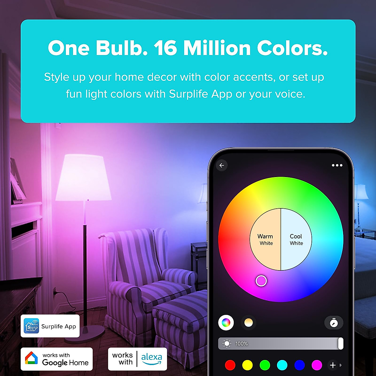 Smart Light Bulbs, Smart Bulb Compatible with Alexa & Google Home, LED Light Bulbs Color Changing, Multi-Dynamic Scene, Music Sync, A19 E26 2.4GHz RGBTW WiFi & Bluetooth Light Bulb 60W, 800LM, 4Pack