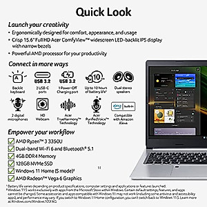 2022 Acer Aspire 5 Laptop | 15.6inch FHD IPS Display AMD 4-Core Ryzen 3 3350U Radeon Vega 6 Graphics 8GB RAM 256GB SSD WiFi AX RJ45 BT HDMI Backlit Fingerprint Windows 11 Pro, Silver, (A515-46-R3UB)