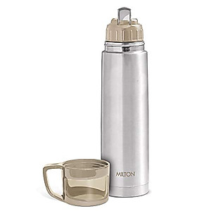 Milton Thermosteel Glassy Flask 1000, Double Walled Vacuum Insulated 1000 ml | 34 oz | 1 qt. | 24 Hours Hot and Cold Bottle with Cover, 18/8 Stainless Steel, BPA Free, Food Grade, Leak-Proof | Gray