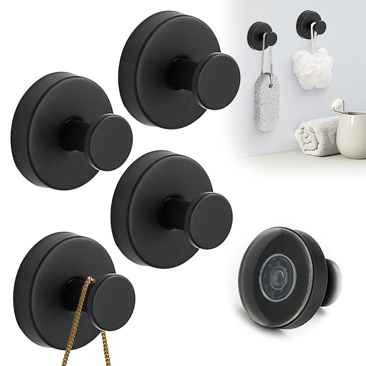 4 Pcs Suction Cup Hooks, 2024 Upgrade Stainless Steel No-Drill Hooks, Glass Shower Towel Hook, Suction Cup Hooks for Shower Bathroom Kitchen Mirrors (Black)