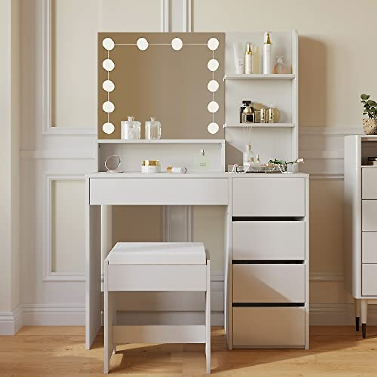 Furnideco 37" W Makeup Vanity with Lights,Vanity Desk with Chair, 5 Drawers Makeup Table with Lighted Mirror, 3 Lighting Colors,for Women Girls, White
