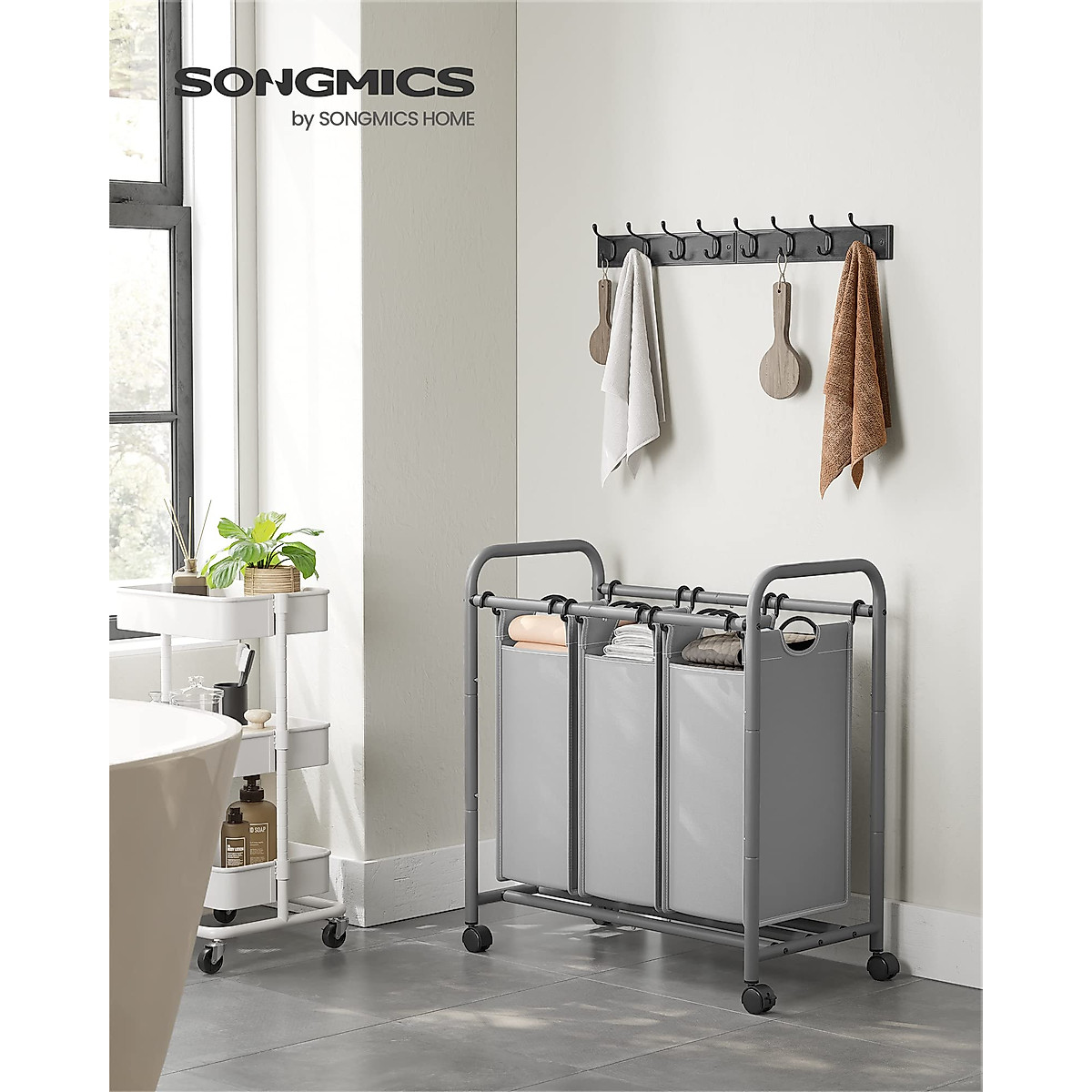 SONGMICS 3-Section Laundry Sorter, Laundry Basket with Wheels, Laundry Hamper with 3 Bags, Laundry Room Organizer, Removable Laundry Bag with Handles, Lockable Wheels, Gray ULSF003GS