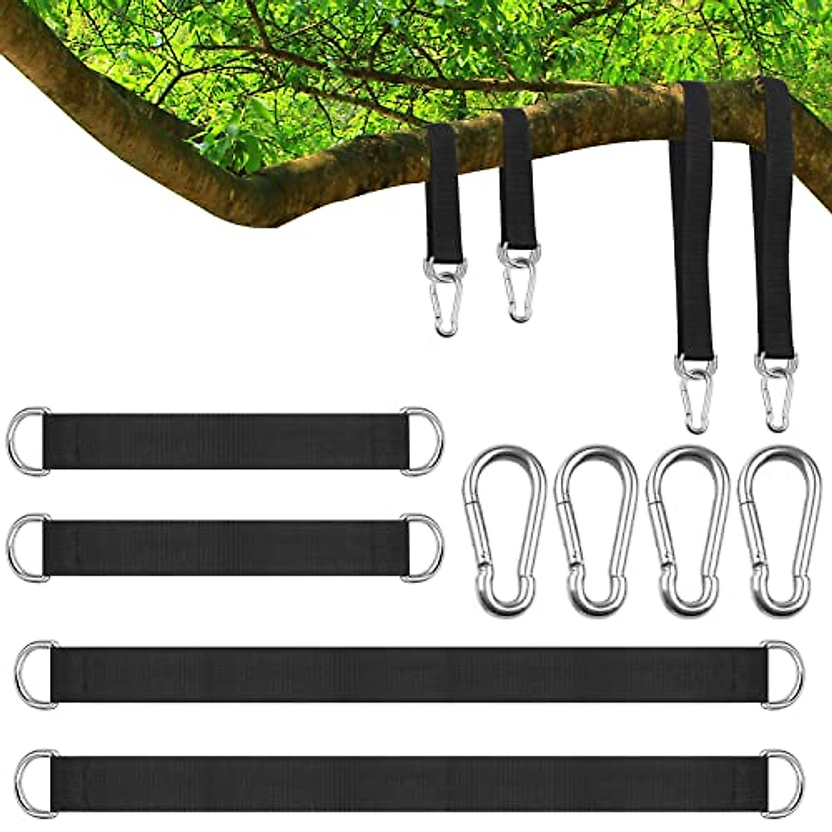 XonyiCos 4 PCS Short Straps Tree Swing Straps Hanging Kit, with Carabiners, Heavy Duty Suspension Kits for Gym Fitness Cable Machine Extension, Hanging Pulleys, Rings,Hammock Tree Straps