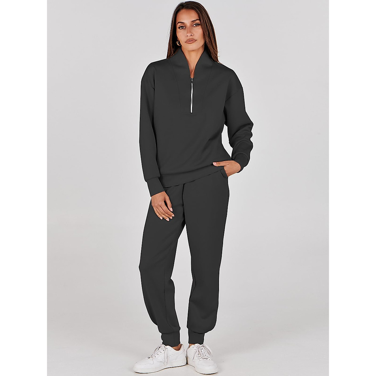 ANRABESS Women's 2 Piece Outfits Sweatsuit Half Zip Sweatshirt Jogger Sweatpant Trendy 2025 Fall Lounge Set Tracksuit Clothes Black Large