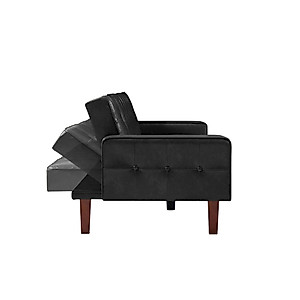 HoynPuko Multi-Functional Convertible Double Folding PU Leather Sofa Bed Living Room Furniture with Removable Wooden Legs, Adjustable Button Tufted Backrest, 74.41" W x 32.67" D x 29.13" H Black