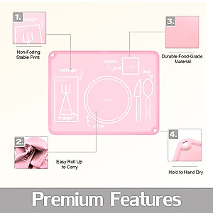 Silicone Kids Placemats, Non-Slip Portable Montessori Placemats for Kids Baby Toddlers Table Setting Mats, Reusable Dining Food Mat, 2Pack, Pink&Baby Blue