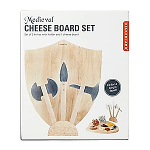Kikkerland Medieval Wooden Charcuterie Cutlery Cheese Board Knight's Shield Party Serving Tray Set