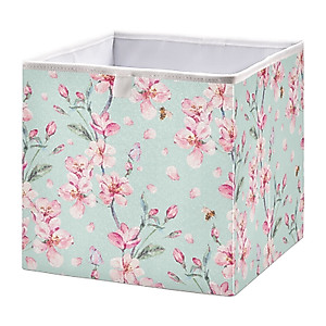 Kigai Pink Flowers Cube Storage Bins - 11x11x11 in Large Foldable Cubes Organizer Storage Basket for Home Office, Nursery, Shelf, Closet
